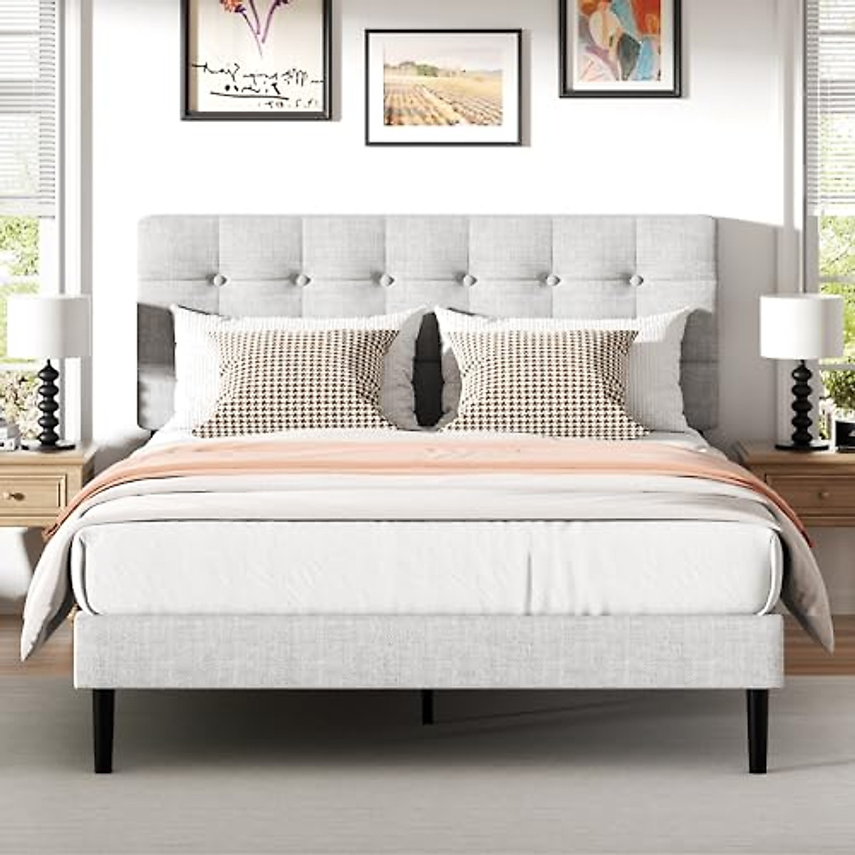 UNIZONE Queen Size Bed Frame with Button Tufted Upholstered Headboard, Linen Platform Bed with Wood Slats Support, Mattress Foundation, No Box Spring Needed, Easy Assembly, Light Grey