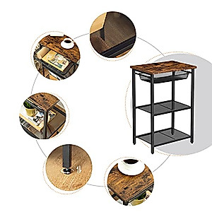 HOOBRO Tall Side Table, Industrial End Table with Adjustable Metal Mesh Basket, Telephone Table with Storage Shelf for in Bedroom, Living Room, Hallway, Easy Assembly, Rustic Brown BF02DH01