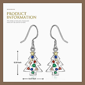 Christmas Tree Dangle Earrings Drop Star S925 Sterling Sliver for Women Colorful CZ Hypoallergenic Piercing Cute Fish Hook Festive Winter Holiday Jewelry Xmas Gift