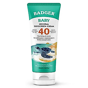 Badger Baby Mineral Sunscreen Cream SPF 40, Organic Toddler Sunscreen with Zinc Oxide, Broad Spectrum, Reef Safe, Water Resistant, Pediatrician Tested Baby Sunblock for Sensitive Skin, 2.9 fl oz