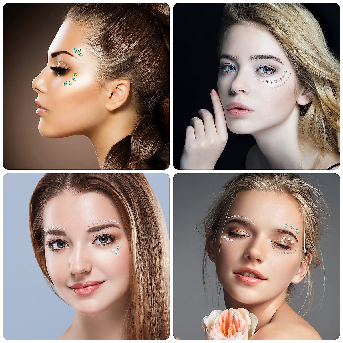 OIIKI 4 Sheets Star Face Eye Stickers, Star Jewelry Eye Body Sticker, Acrylic Crystal Face Gems, Festival Halloween Pearls Hearts Face Makeup Stickers, 4 Styles Rhinestone Tattoos for Women, Girls