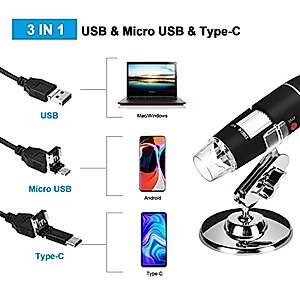 USB Microscope, 40X-1000X Digital Microscope 3 in 1 PCB Microscope Camera Magnification Endoscope Camera Portable Microscope, Metal Stand for Windows 7/8/10, Mac, Android with OTG, Linux