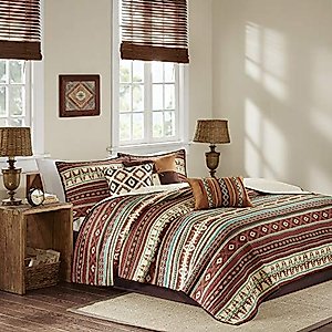 Madison Park Quilt Rustic Southwestern All Season, Breathable Coverlet Bedspread, Lightweight Bedding, Shams, Decorative Pillow, King/California King (104"x94"), Taos, Ikat Red/Spice 6 Piece
