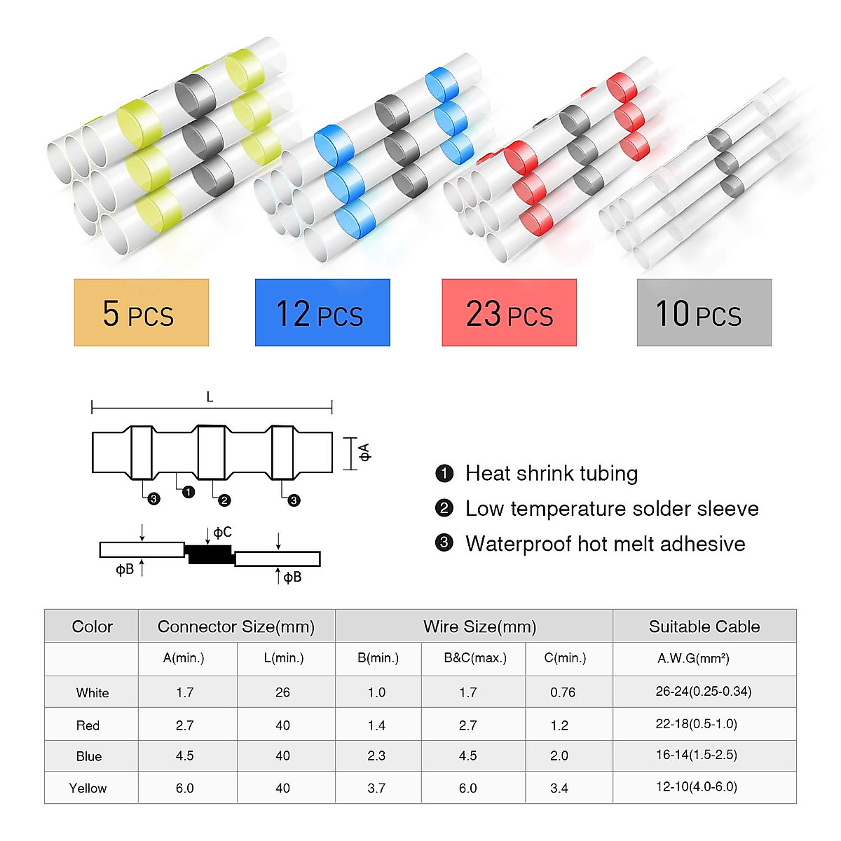 Nilight - 50025R 50pcs Solder Seal Wire Connector, Solder Seal Heat Shrink Butt Connectors,Electrical Waterproof Insulated Marine Automotive Copper(23Red 12Blue 10White 5Yellow),2 Years Warranty