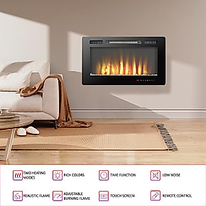 FULEIWO 30 inch Recessed and Wall Mounted Electric Fireplace, Low Noise,Fit for 2 x 4 and 2 x 6 Stud, Remote Control with Timer,Touch Screen,Adjustable Flame Color and Speed, 750-1500W