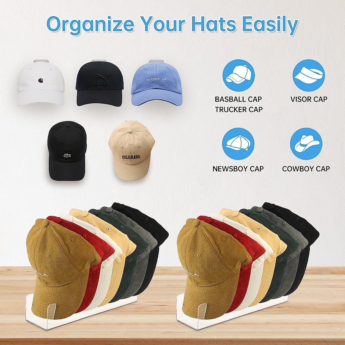 Lokuc Hat Stand for Baseball Caps Set, Contains 2 Hat Organizer, 5 Hat Rack for Wall, Holds 19 Caps, Acrylic Hat Organizer for Baseball Caps Display Suitable for Wardrobe, Dressing Table