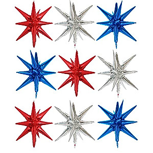 9PCS Blue Red White Explosion Balloons for Independence Day - 22" 4th of July Spike Starburst Star Cone Balloon - American Memorial Day Foil Balloon for Patriotic Party Decorations