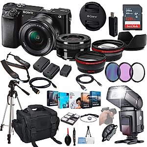 Sony a6000 Mirrorless Camera with 16-50mm Lens Bundle - ILCE6000L/B + Prime Accessory Package Including 128GB Memory, TTL Flash, Extra Battery, Editing Software Package, Auxiliary Lenses & More