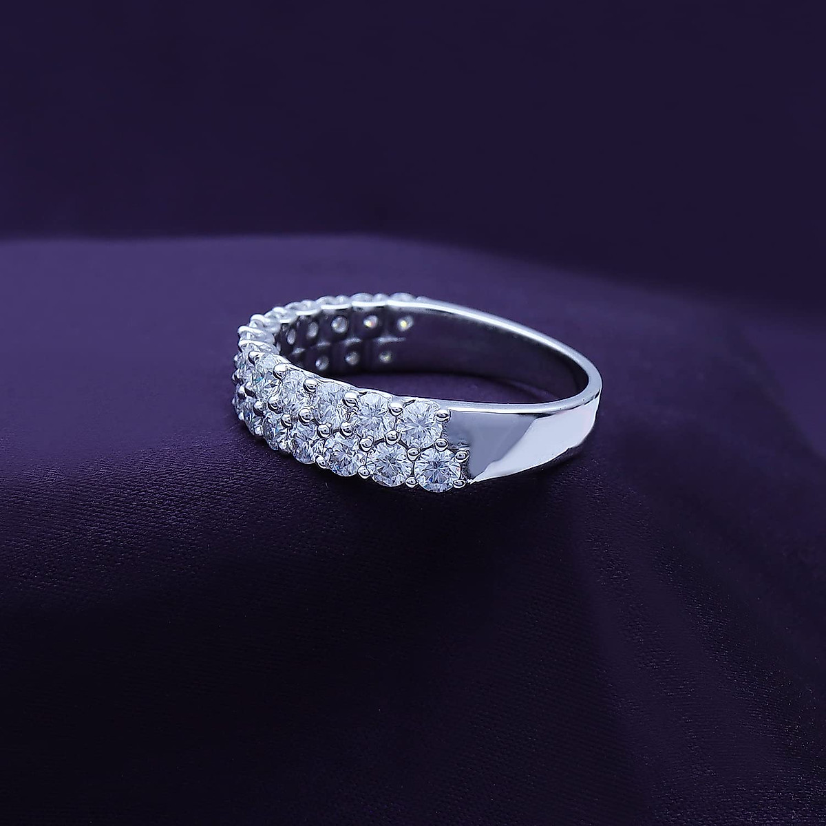 SAVEARTH DIAMONDS 2 Carat (Cttw) Round Cut Lab Created Moissanite Diamond Double Row Anniversary Wedding Band Ring In 14k White Gold Over Sterling Silver (VVS1 Clarity, 2 Cttw) Size-7