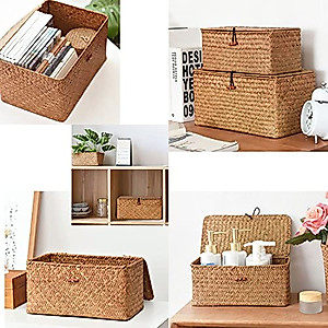 Rattan Storage Basket Hand-Woven Storage Basket Multipurpose Container with Lid for Desktop Home Decor (L)