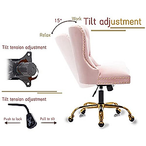 ZHENGHAO Velvet Vanity Chair with Gold Swivel Base, Upholstered Tufted Accent Office Desk Chair, Adjustable Armless Task Chair for Women Living Room Bedroom Makeup, Blush Pink