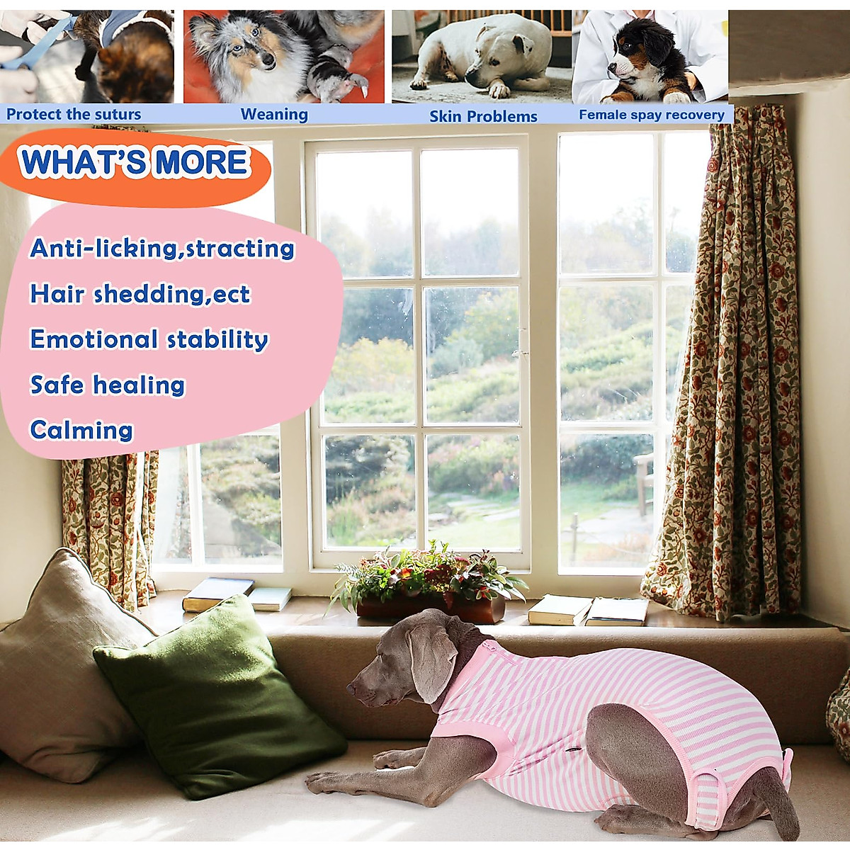 Wabdhally Dog Surgery Recovery Suit for Female Spay,Surgical Suit for Large Female Dogs Labrador,Soft Combed Cotton,Striped Pink Zipper Onesie XXL