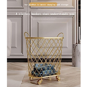 QQXX 360 Laundry Hamper with Wheels,Round Mesh Metal Rolling -Iron Scandinavian ins Bathroom Dirty Clothes Basket Toy Storage Frame, Gold, (1671979), 55x45x38.5cm(21.65x17.7x15.15inch)