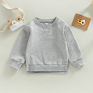 Gueuusu Toddler Kids Baby Boy Girl Crewneck Sweatshirt Cotton Long Sleeve Solid Color Pullover Top Casual Spring Fall Clothes (Light Gray , 6-12 Months )