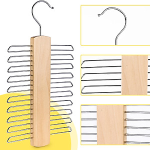 BigOtters Wooden Tie Hanger, Hanging Tie Holder Tie Organizer for Closet Tie Rack Necktie Belt Hanger 20 Hooks 360°Rotating for Scarf Belt