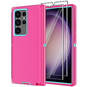 Annymall for Galaxy S23 Ultra Case with 2 Screen Protector,Heavy Duty Shockproof Drop Protective Dustproof Full Body Rugged 3-Layer Military Tough Durable Cover for Samsung Galaxy S23 Ultra (Pink)