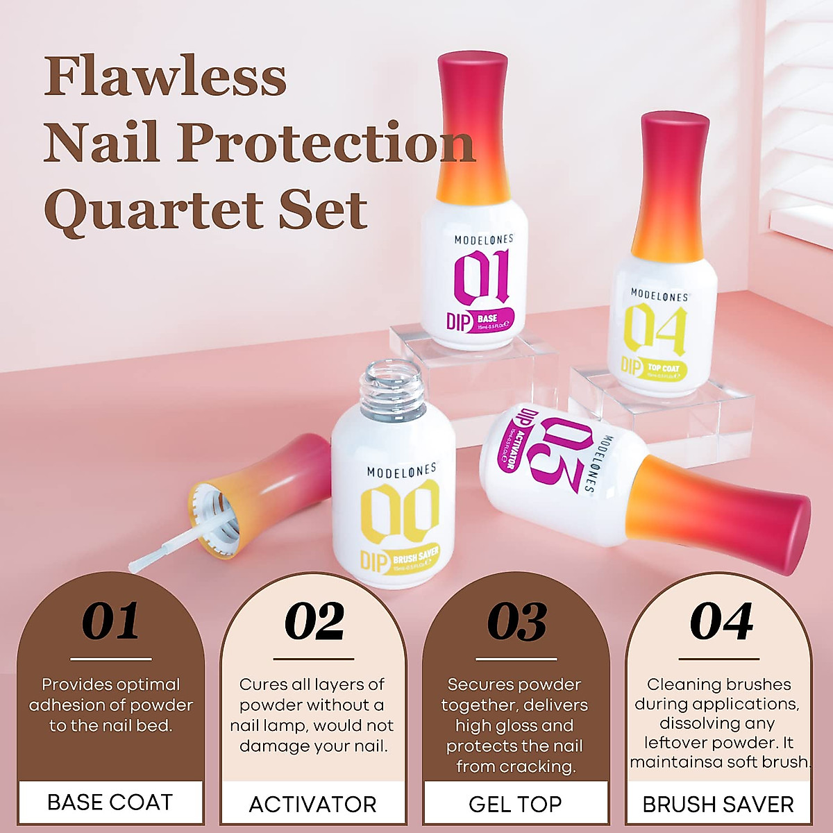 Modelones 4+4 Pcs Dip Powder Liquid Set, Dipping Powder System Set with Base Coat/Top Coat/Activator/Brush Saver/Manicure Tools for Nail Art DIY Salon