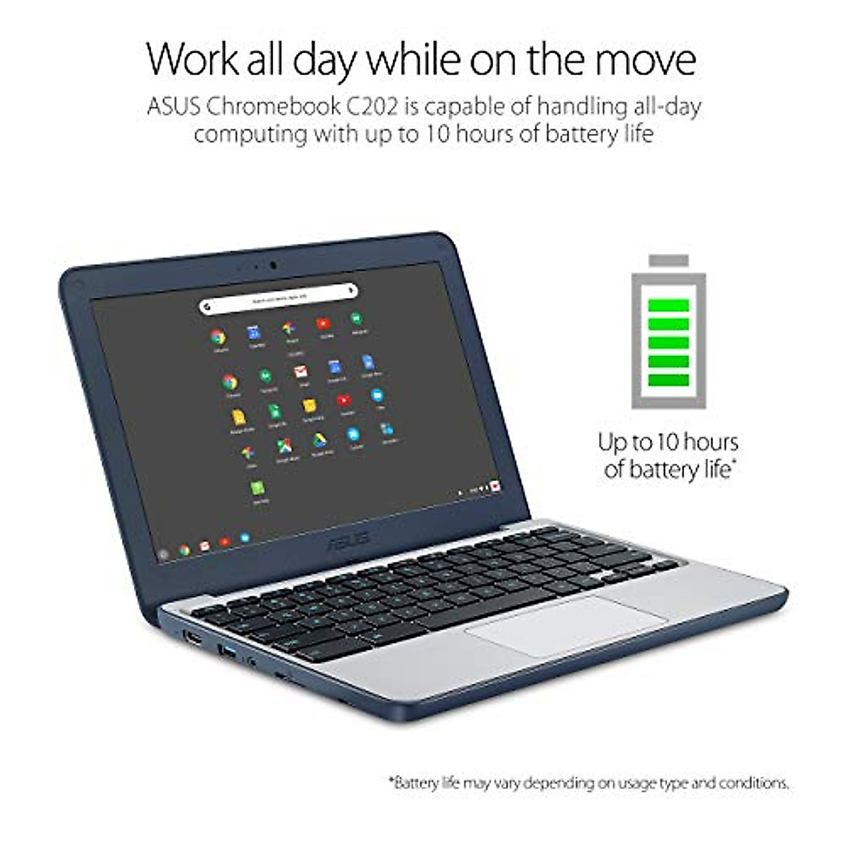 ASUS Chromebook-Laptop- 11.6" Ruggedized and Spill Resistant Design-with 180 Degree-Hinge, Intel N3060 Celeron 4GB DDR3, 32GB eMMC, Chrome OS- C202SA-YS04 Dark Blue