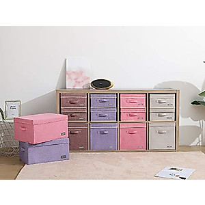 YueYue Foldable Storage Large Clothes Box Fabric，Box Fabric Bin Cube Basket With Lid，Collapsible Boxes Fabric Storage Bins Organizer Cubes Containers With Covers (17.7"/13.8"/9.8") (Pink) 2 Pack