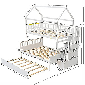 DEYOBED Twin Over Full House Shaped Wooden Bunk Bed with Trundle and Storage Staircase - Perfect for Kids and Teens, Maximizing Space and Convenience in Bedrooms