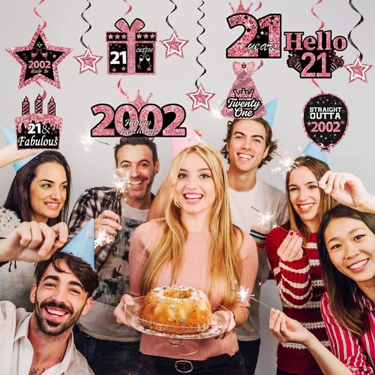 40Pcs Rose Gold 21st Birthday Decorations for Her Hanging Swirls, No-DIY 21st Birthday Decorations Ceiling Streams, Hello 21 Hanging Swirls 21st Birthday Decorations for Her cocomigo