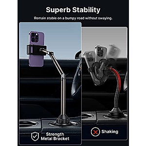 JSAUX Cup Phone Holder for Car Truck with Long Arm, Multi-Adjustable Ultra Stable Cup Holder Phone Mount Cellphone Cradle Compatible with iPhone, Samsung Galaxy, Google Pixel and Other Smart Phones