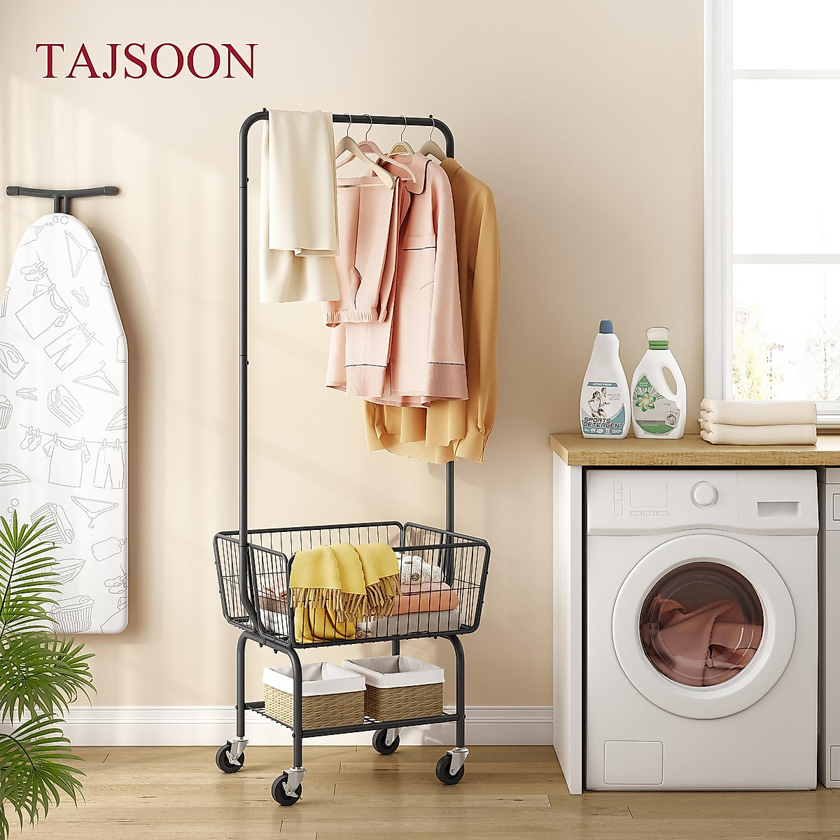 Tajsoon Laundry Cart with Hanging Rack, Metal Laundry Basket with Wheels, Laundry Hamper with Storage Basket and Shelf, Rolling Laundry Cart with Wheels, Black