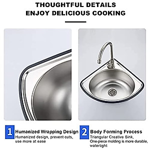 Kitchen Corner Sink, Single Bowl Stainless Steel Sink, with Drainer Unit And Tap, Triangle Bathroom Wash Basins for Outdoor Indoor, Garage, Laundry/Utility Room, Restaurant 34x34cm-depth13cm