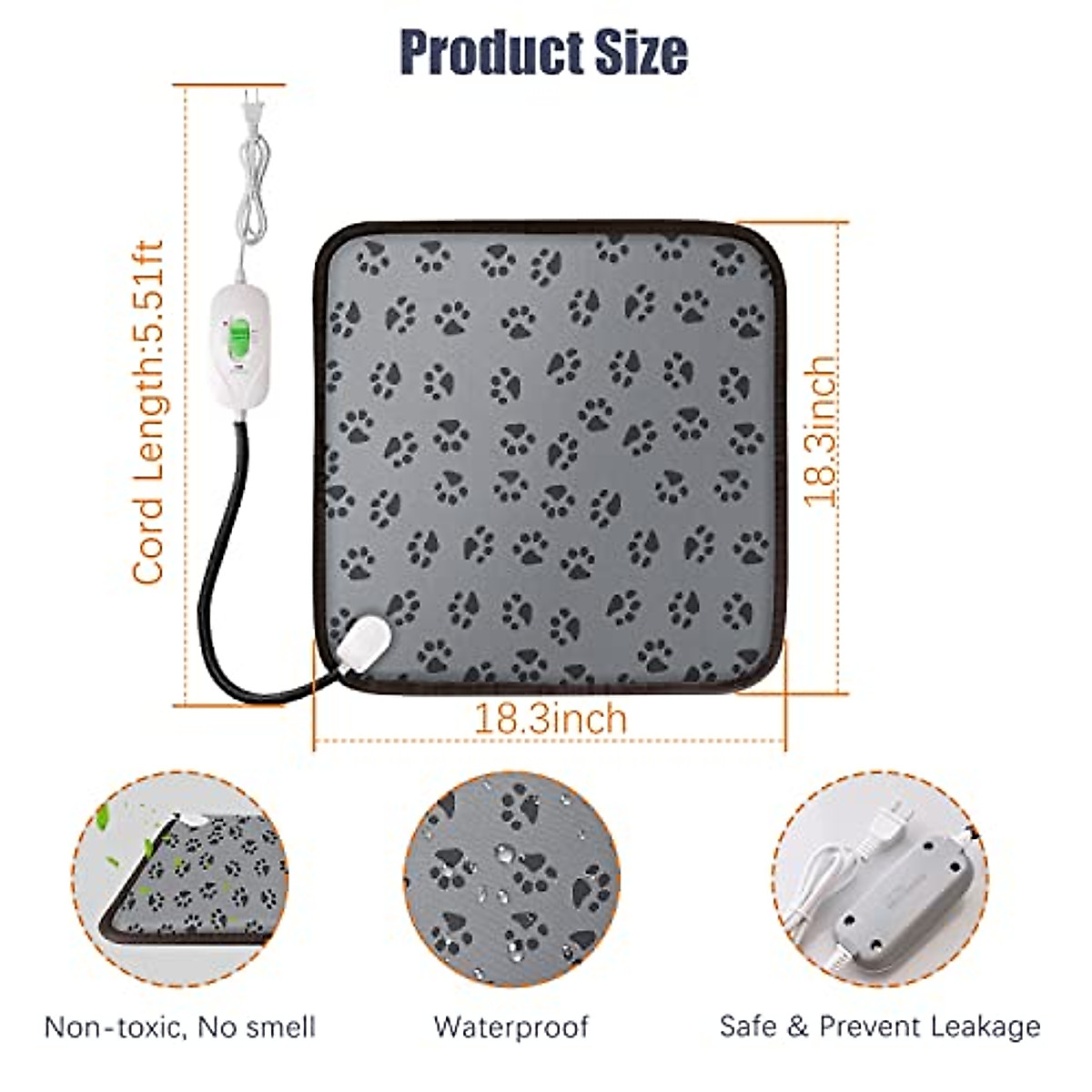 Pet Heating Pad,Adjustable Temperature Dog Cat Heating Pad,Waterproof Indoor Pet Heating Pads for Cats Dogs with Chew Resistant Cord,Electric Pads for Dogs Cats, Pet Heated Mat(Grey Footprints)