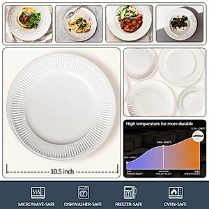 Artena Ceramic Dinner Plates Set of 4, 10.5 inch Embossed White Kitchen Plates for Salad, Dessert, Appetizer, Steak, Serving Dishes for Entertaining, Modern Large Flat Plates for Restaurant, Parties