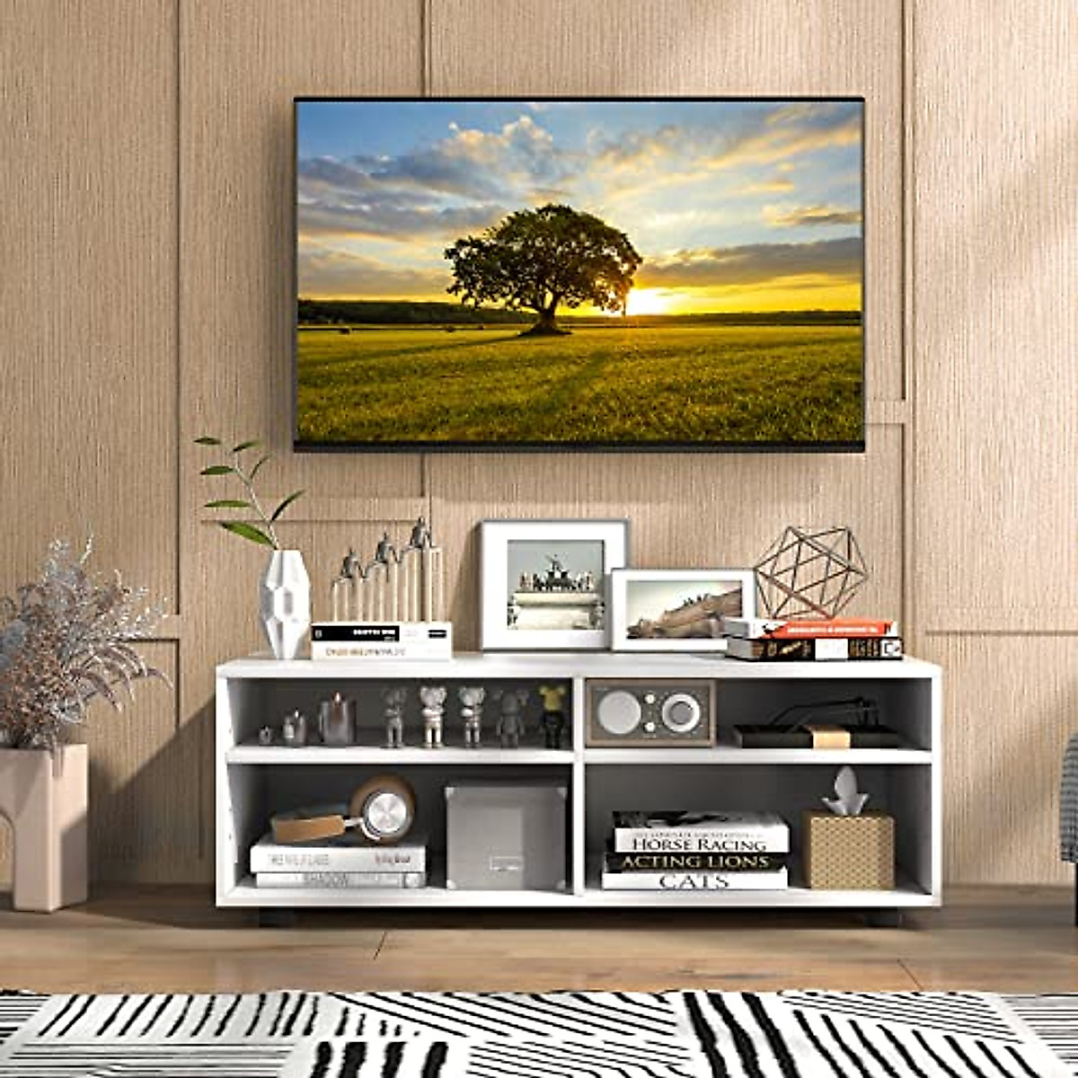 Tangkula White TV Stand for TV up to 40 Inch, Media Console Table with 4 Cubbies, 5 Positions Adjustable Shelves, TV Entertainment Center Wooden Storage Cabinet for Living Room (35.5", TVs up to 40")
