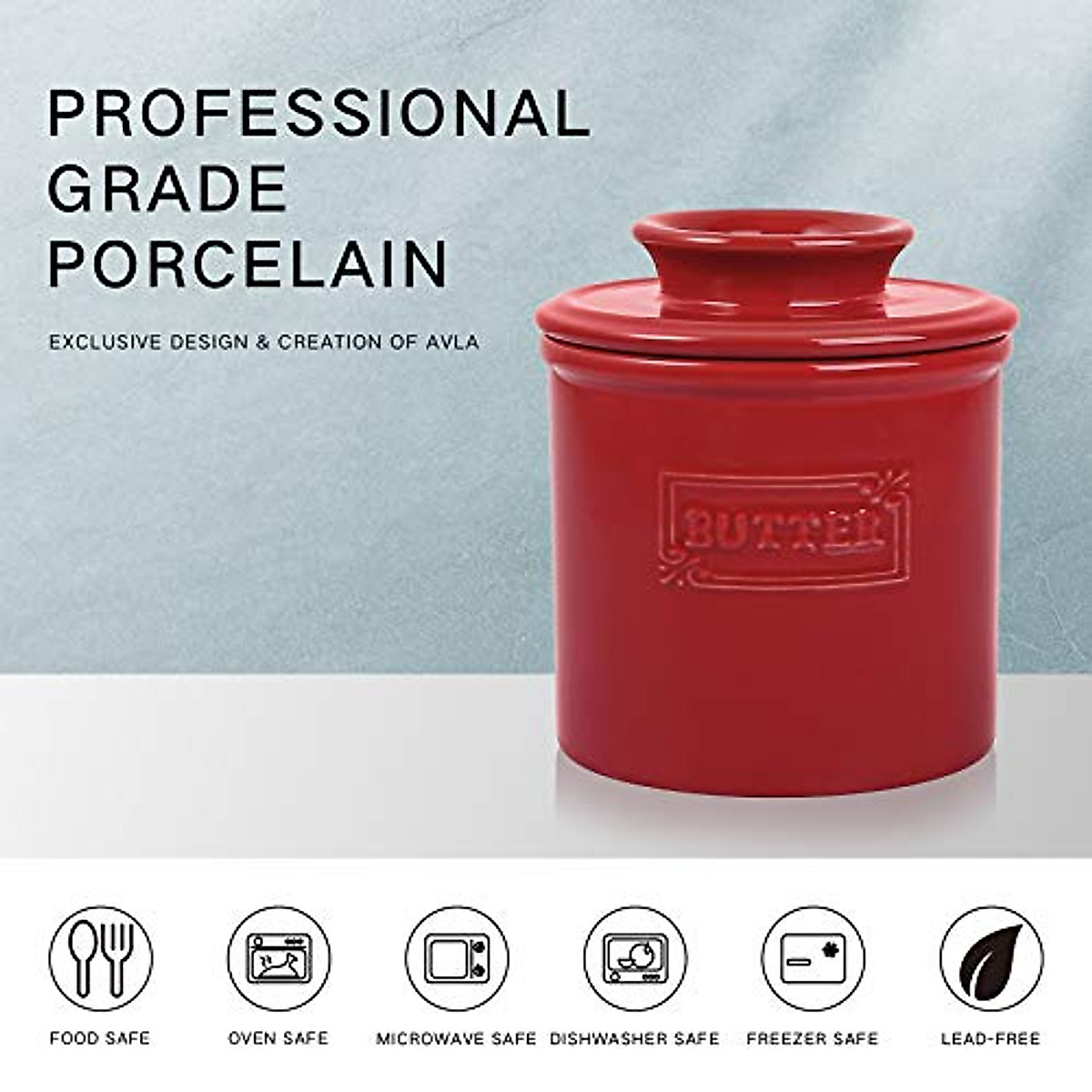 AVLA 2 Pack Ceramic Butter Crock, French Butter Dish with Water Line, Butter Keeper Butter Container for Countertop, Big Capacity, Red
