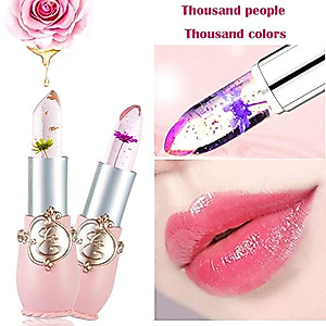 BINGBRUSH 2Pcs Color Changing Lipstick,Pink Crystal Flower Jelly PH Mood Long Lasting Labiales Lip Care Moisturizer Lip Balm Korean Magic Lip Gloss Lip Tinted Stain Makeup Set for Women