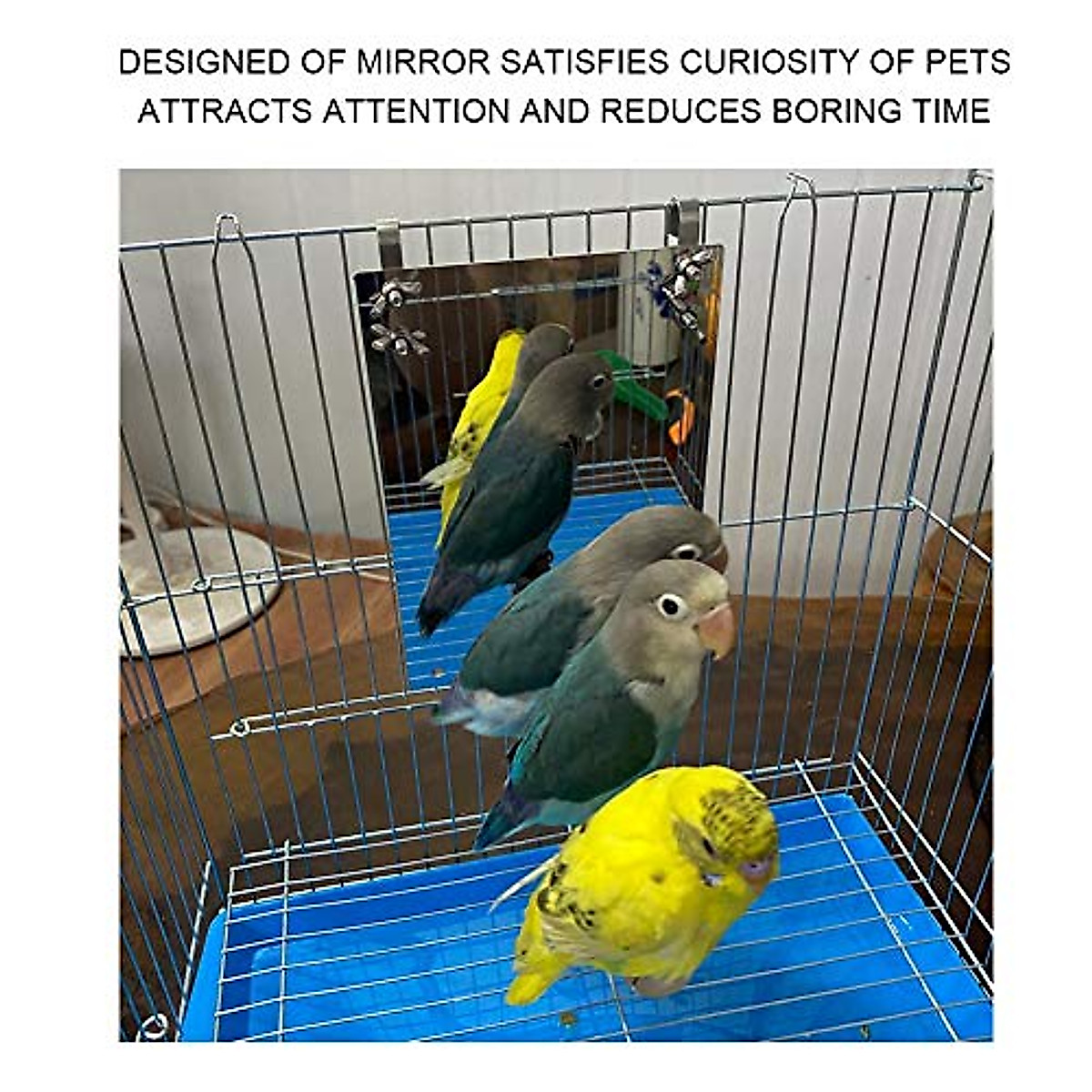 Bird Mirror, Stainless Steel Medium Small Parrots Mirror Bird Mirror Toy with Wooden Standing Rod for Parrot Parakeet Cockatiels