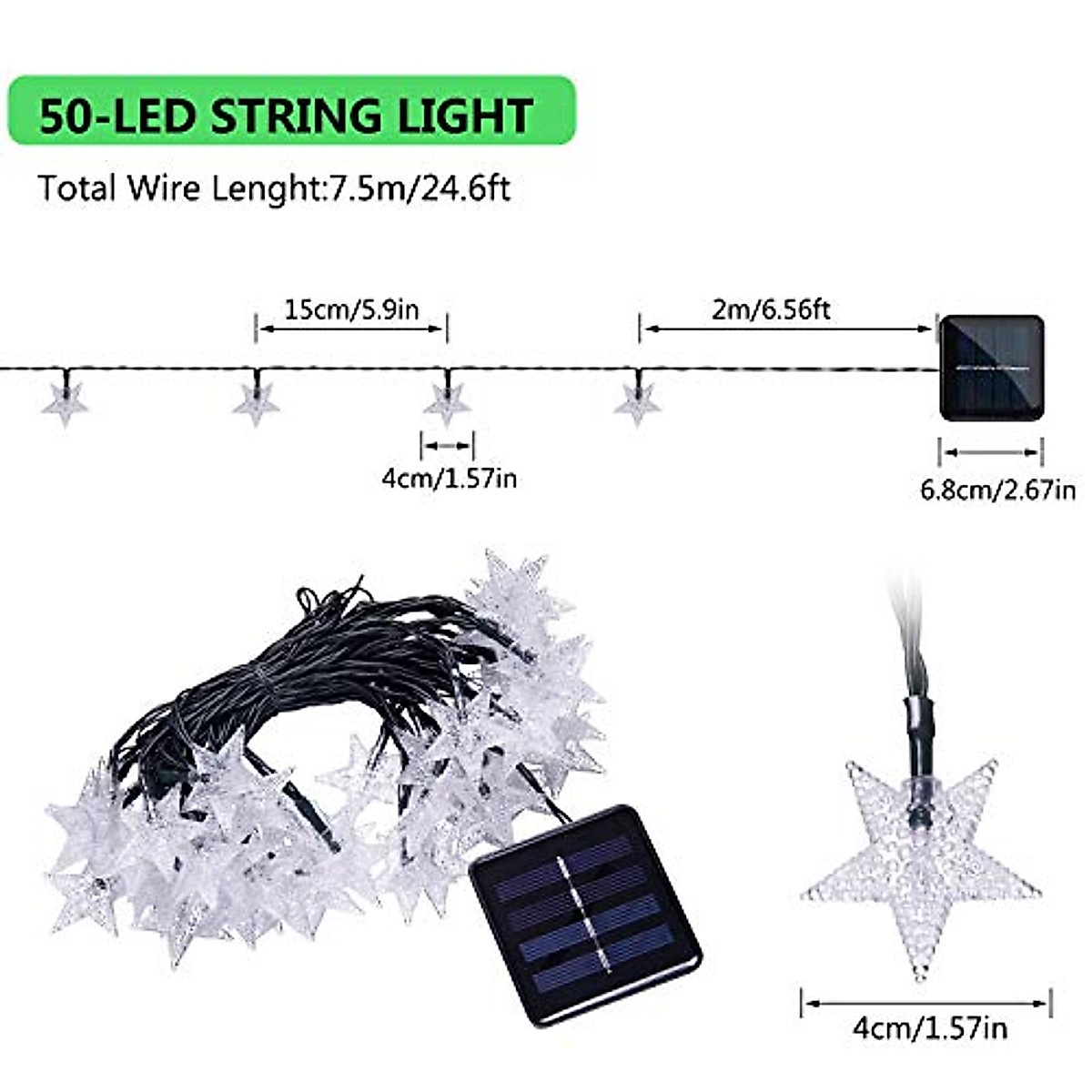EAVO Solar String Lights, 24.6FT 50 LED Fairy String Lights, Waterproof Star Lights for Indoor, Outdoor, Wedding Party, Christmas Tree, Garden Decoration (Warm White)