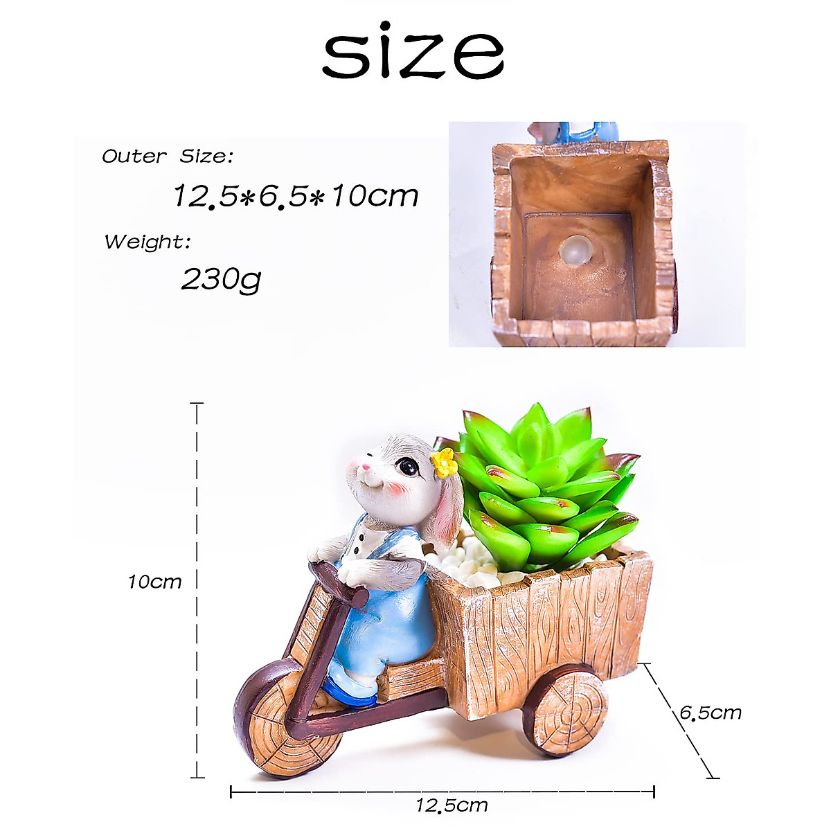 Cute Little White Rabbit Cycling Flower Pot with Drainer Garden Flower Pot Resin Succulent Potted Bonsai Plant Stand Home Desk Mini Ornaments Without Plants