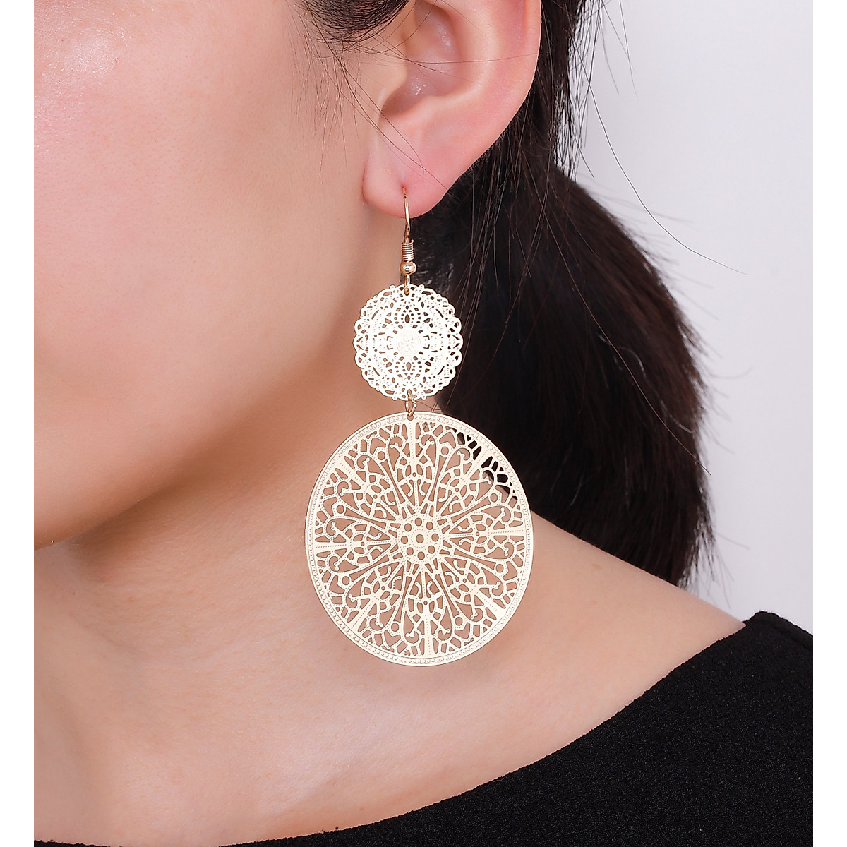 Filigree Disc Drop Earrings Double Round Disc Statement Earrings Metallic Brass Disc Dangle Hook Earrings