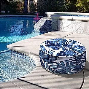LVTXIII Indoor/Outdoor Inflatable Ottoman, All Weather Round Footrest Stool with Handle, D21”x H9” Portable Fade Resistant Pouf Ottoman for Patio Garden Camping or Home-Palm Blue