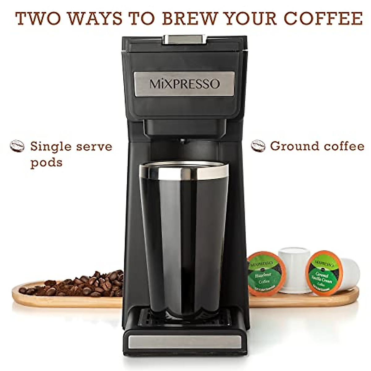 Mixpresso Coffee Maker Single Serve For Ground Coffee & Compatible With K Cup Pods, With 14oz Travel Mug & Reusable Filter For Home, Office & Camping.