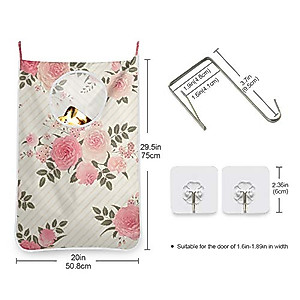 Hanging Laundry Bag Pink Flowers Door Hanging Laundry Hamper with Stainless Steel Hooks Wall Laundry Nook with Adhesive Hooks 1 PC