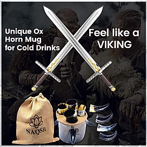 NAQSH Viking Culture Drinking Horn Cup 4 Set -2-3oz - Horn Mugs With Stand, Handmade Cool & Unique Ox Norse for Hot & Cold Drinks Gift for Men and Women (Polished 4 Small Horns)