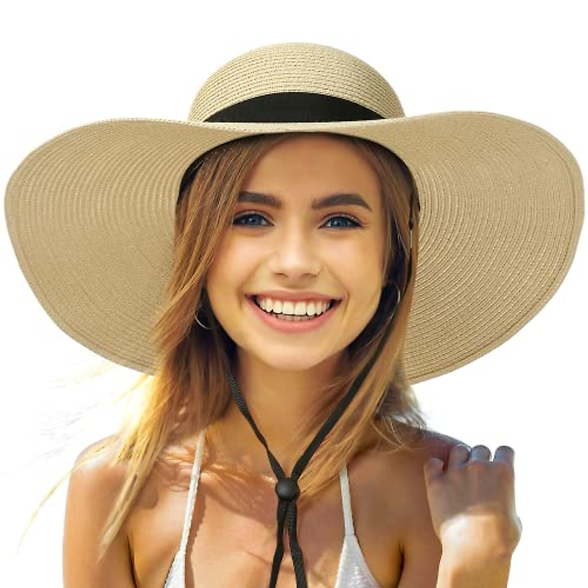Foldable Beach Sun Hat for Women, UV Protection Wide Brim Straw Visor Hats, Fashionable Boho Hats for Girls, Outdoor Tribe Sun Hats for Travel Gardening Beach Light Khaki