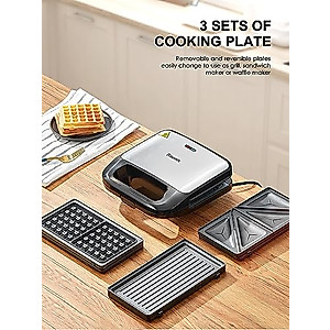 Reemix 3-in-1 Waffle, Grill & Sandwich Maker, Panini Press Grill and Waffle Iron Set with Removable Non-Stick Plates, Perfect for Cooking Grilled Cheese, Tuna Melts, Burgers, Steaks and Snacks, Black (3 in1 Sandwich Maker With Plastic Handle)