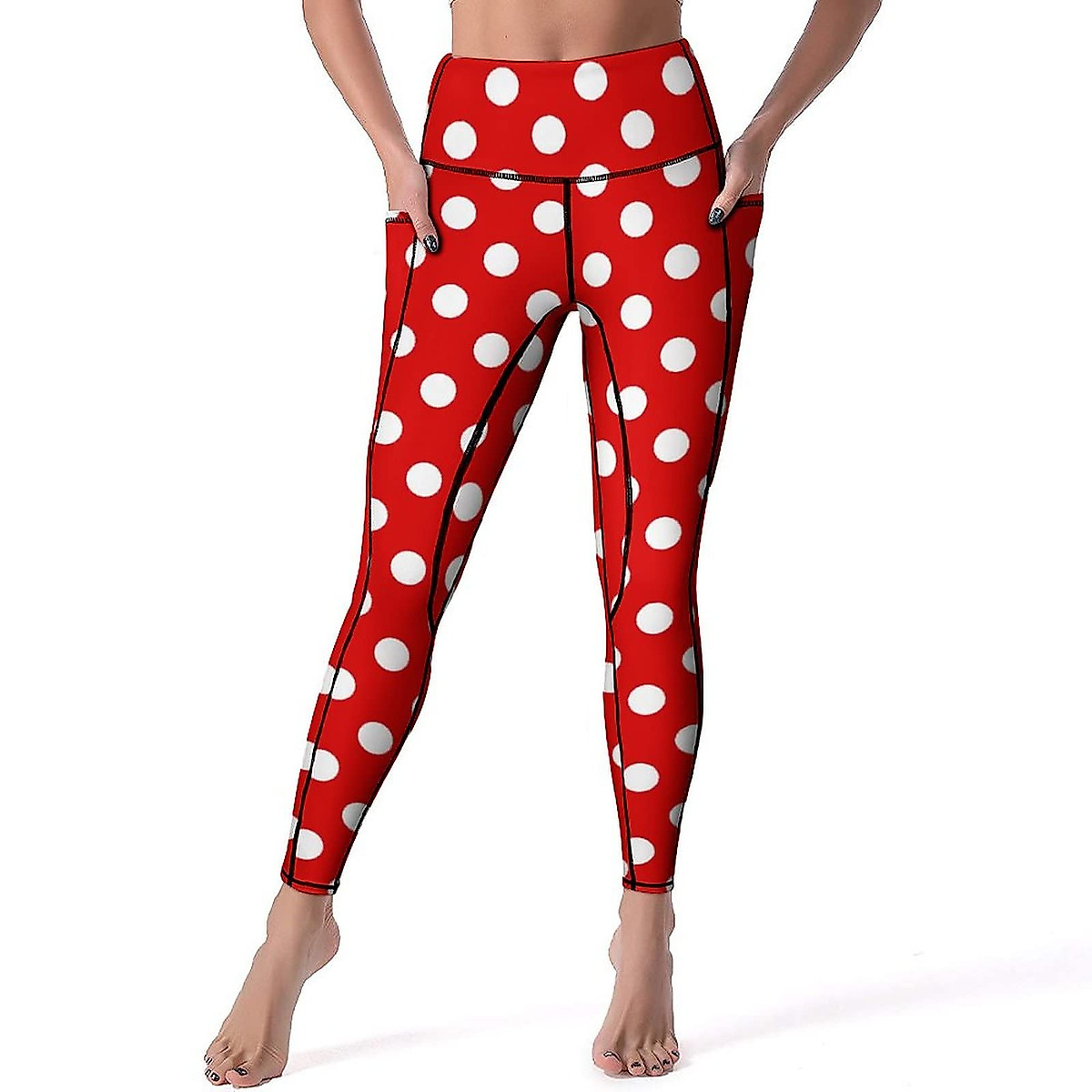 SKT T1 Polka Dot Yoga Pants for Women, White Dots Circle Round on Red Leggings with Pockets, Soft High Waist Women's Novelty Tights Tummy Control Workout Athletic Pants Activewear Leggings M
