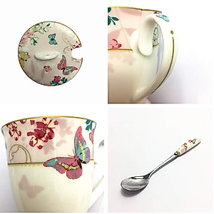 YBK Tech Euro Style Porcelain Tea Cup Coffee Mug with Lid for Breakfast Home Kitchen (((Butterflies Pattern) (Pink)))