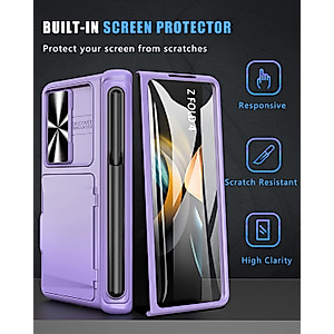 Vihibii for Galaxy Z Fold 4 Case with Card Holder & Sliding Camera Cover, S Pen Holder & Screen Protector & Magnetic Hinge Protection & Kickstand, Hard PC Phone Case for Samsung Z Fold 4 (Purple)