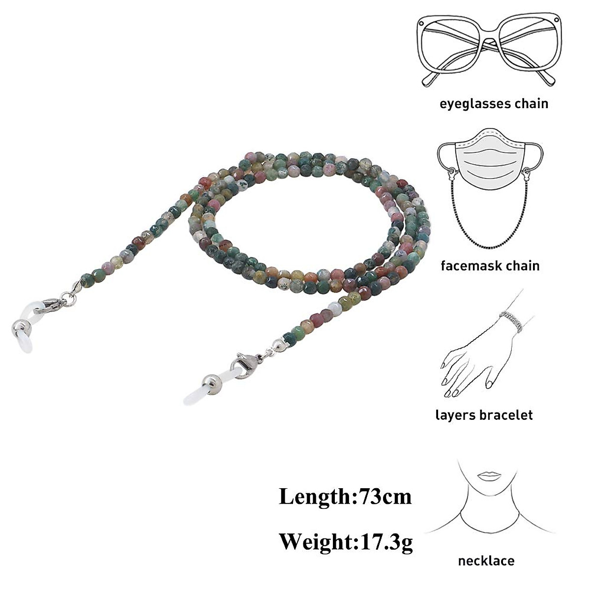 KAI Top Eyeglass Chain Sunglass Chain Fashion Natural Stone Beaded Mask Lanyard Chain Face Mask Holder Chain for Women Men