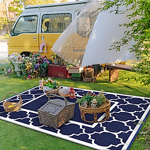 GENIMO 5' x 8' Outdoor Rug Waterproof for Patio Decor, Foldable Reversible Plastic Straw Area Rugs Mat for Camper, Outside Carpet for Rv, Deck, Porch, Picnic, Beach, Balcony, Blue & White