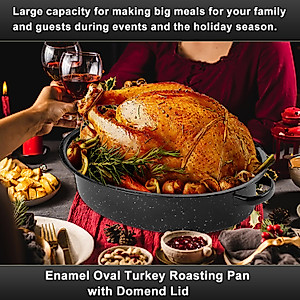 17.5 Inch Roaster Pan, Enamel Oval Turkey Roasting Pan with Domed Lid - Mother's Gift, Covered, Non-sticky, Free of Chemicals - Rôtissoire Chicken Meat Roasts Casseroles & Vegetables (17.5 Inch)