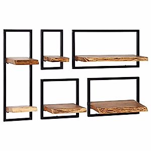 vidaXL Solid Wood Acacia 5 Piece Wall Shelf Set Home Bedroom Floating Living Room Office Wooden Book Ledge Display Unit Stand Steel